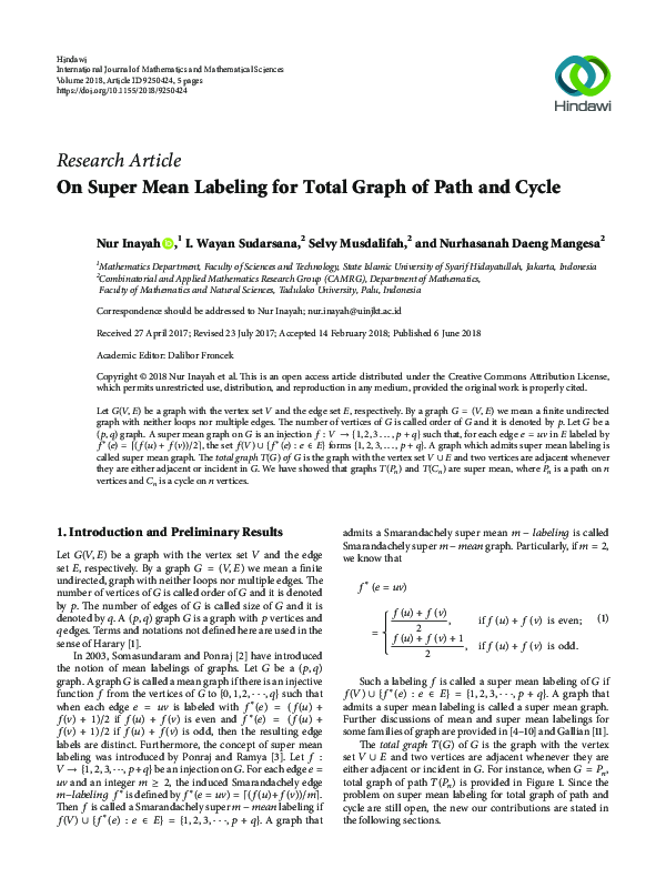 (PDF) On Super Mean Labeling for Total Graph of Path and Cycle