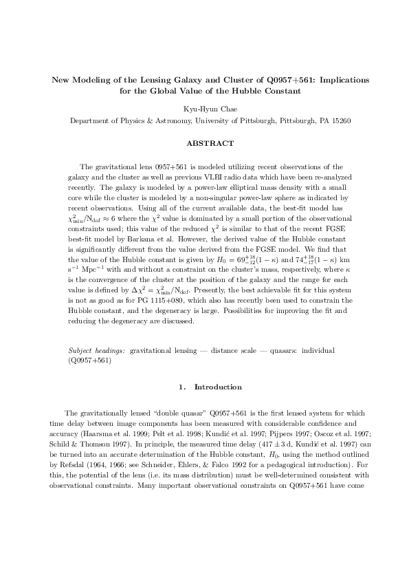 (PDF) New Modeling of the Lensing Galaxy and Cluster of Q0957+561 ...
