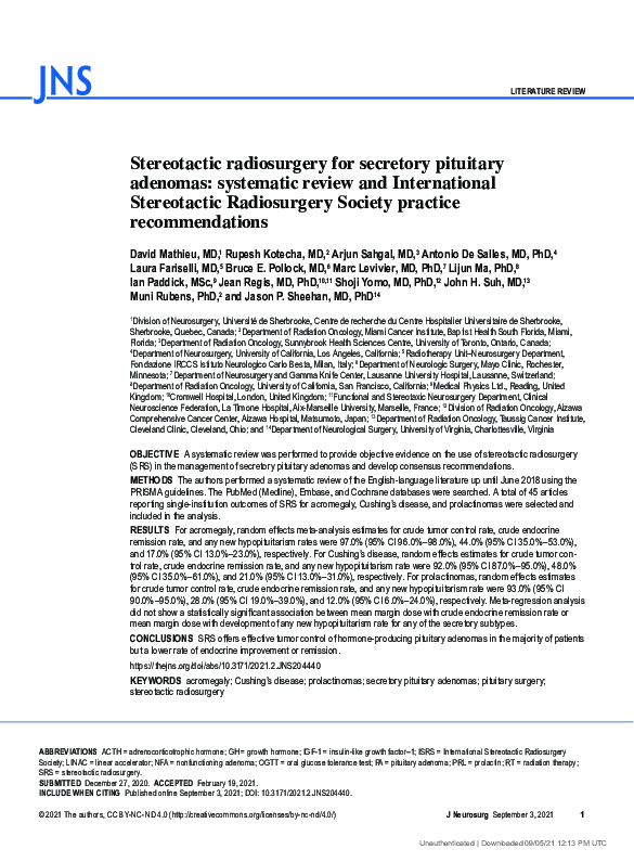 (PDF) Stereotactic radiosurgery for secretory pituitary adenomas: systematic review and ...