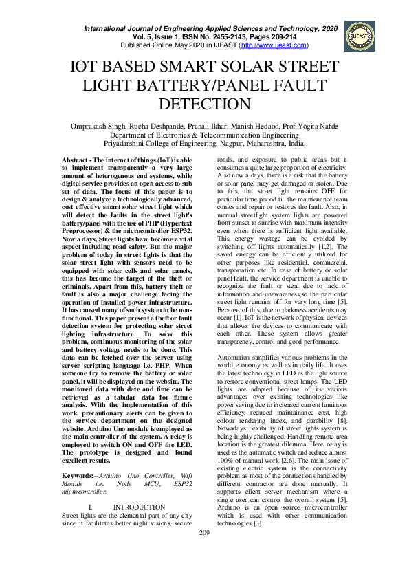 (PDF) Iot Based Smart Solar Street Light Battery/Panel Fault Detection