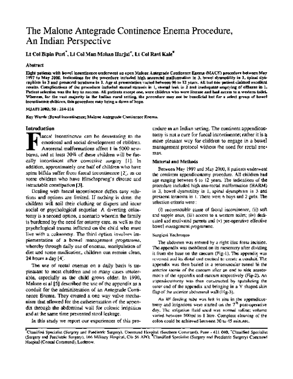 (PDF) The malone antegrade continence enema procedure, an Indian ...