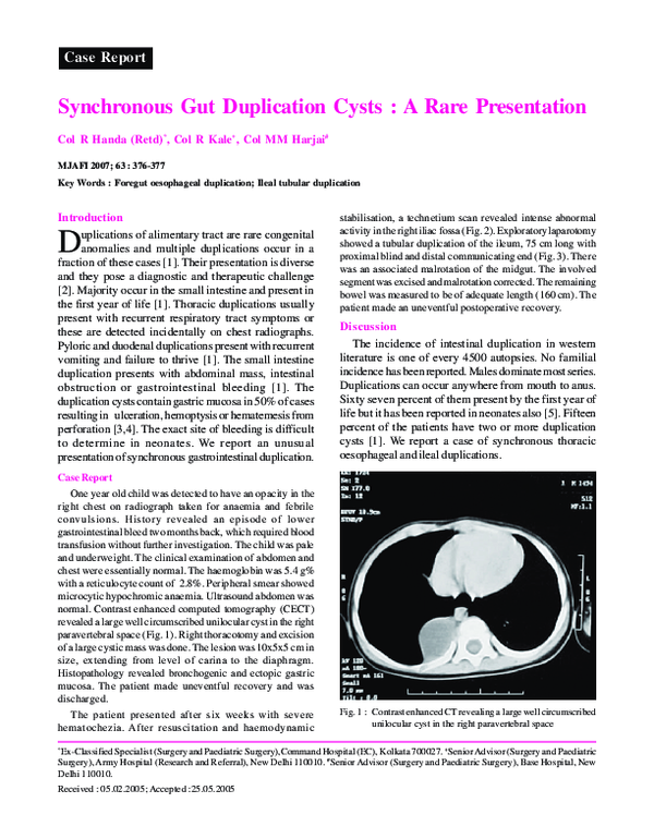 (PDF) Synchronous gut duplication cysts : A rare presentation