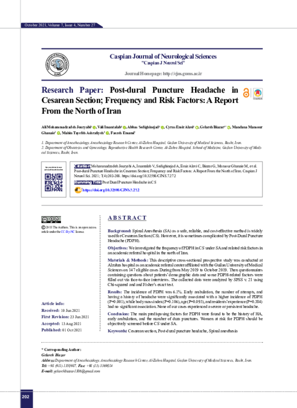 (PDF) Post-dural Puncture Headache in Cesarean Section; Frequency and ...