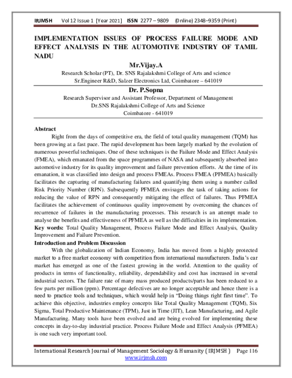 (PDF) IMPLEMENTATION ISSUES OF PROCESS FAILURE MODE AND EFFECT ANALYSIS ...