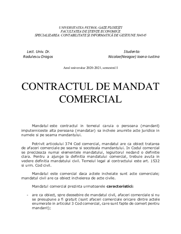 (PDF) Contractul de mandat comercial
