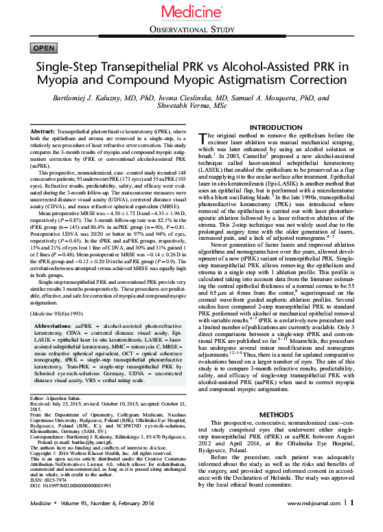 (PDF) Single-Step Transepithelial PRK vs Alcohol-Assisted PRK in Myopia ...