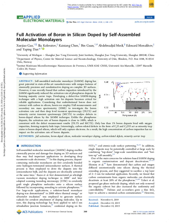 (PDF) Full Activation of Boron in Silicon Doped by Self-assembled ...