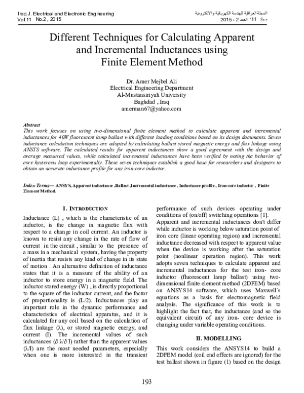 (PDF) Different Techniques for Calculating Apparent and Incremental Inductances using Finite ...