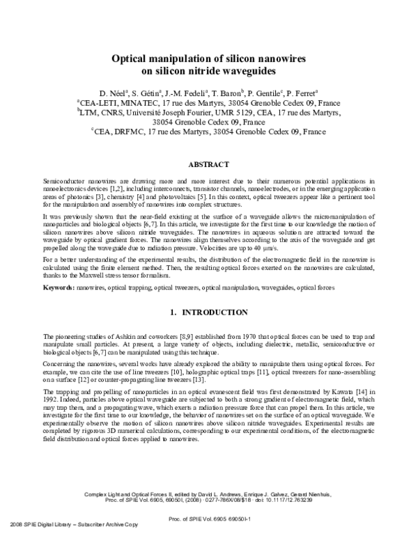 (PDF) Optical manipulation of silicon nanowires on silicon nitride ...