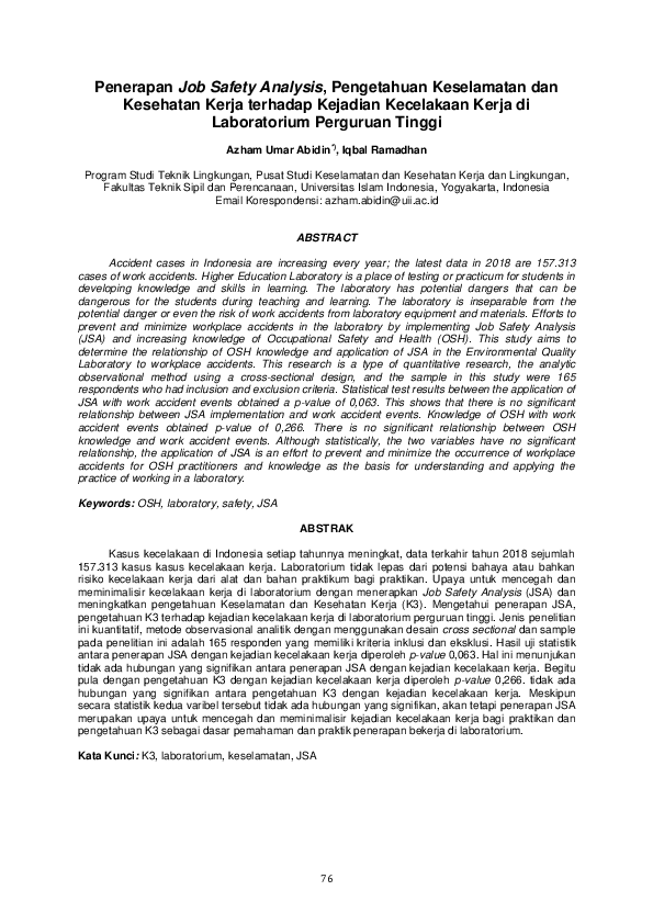 (PDF) Penerapan Job Safety Analysis, Pengetahuan Keselamatan dan ...