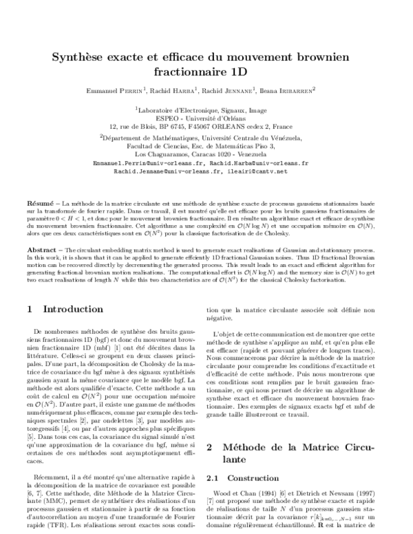 (PDF) Synthèse exacte et efficace du mouvement brownien fractionnaire 1D