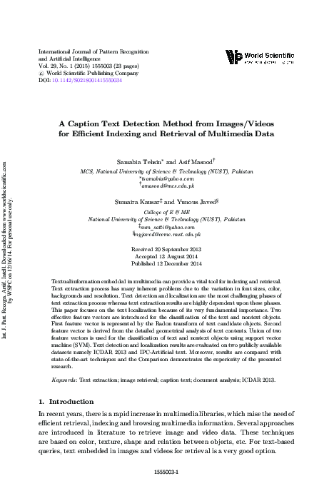 (PDF) A Caption Text Detection Method from Images/Videos for Efficient Indexing and Retrieval of ...