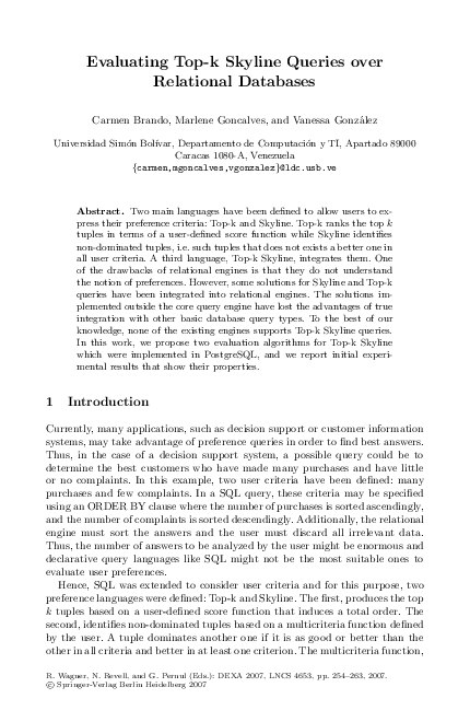 Pdf Evaluating Top K Skyline Queries Over Relational Databases 9520