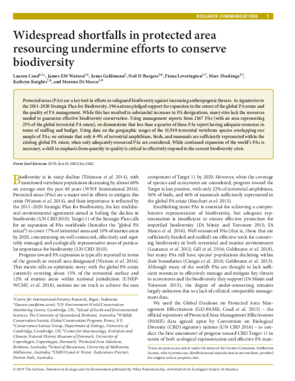 (PDF) Widespread shortfalls in protected area resourcing undermine ...