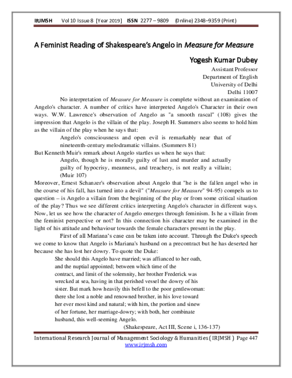 (PDF) A Feminist Reading of Shakespeare's Angelo in Measure for Measure