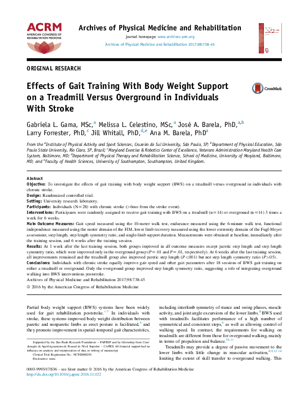 (PDF) Effects of Gait Training With Body Weight Support on a Treadmill Versus Overground in ...