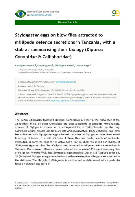(PDF) Stylogaster eggs on blow flies attracted to millipede defence ...