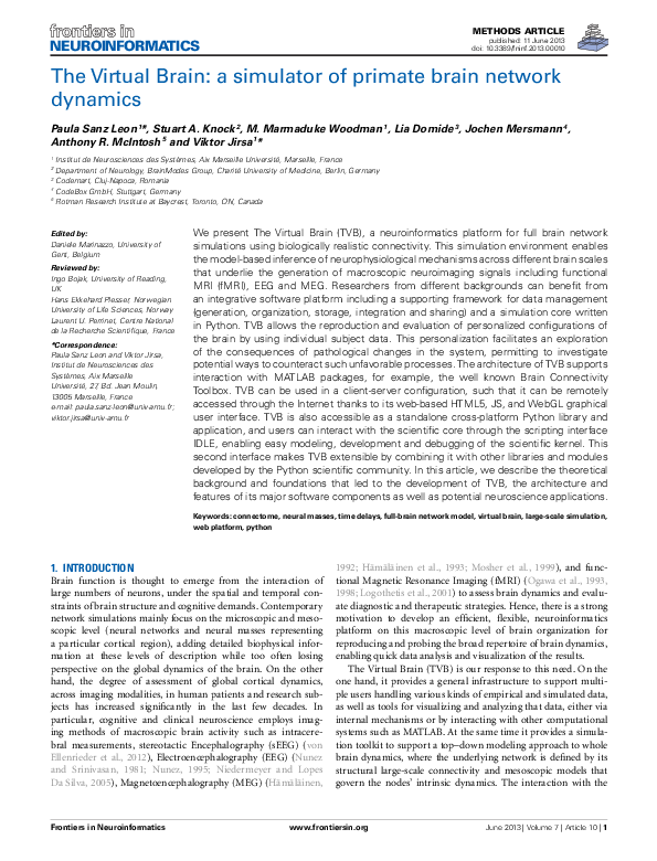 Pdf The Virtual Brain A Neuroinformatics Platform For Simulating Large Scale Brain Network 