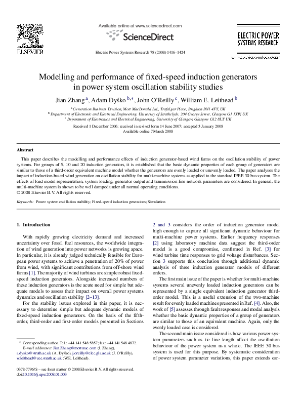Pdf Modelling And Performance Of Fixed Speed Induction Generators In