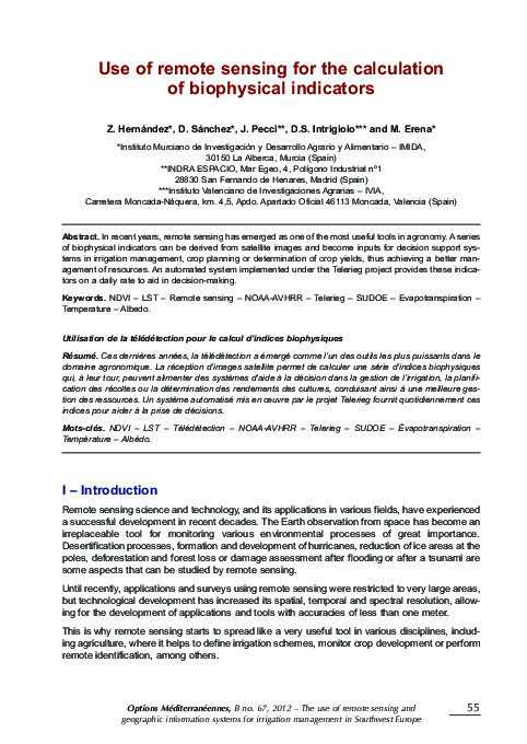 (PDF) Use of Remote Sensing for the Calculation of Biophysical Indicators