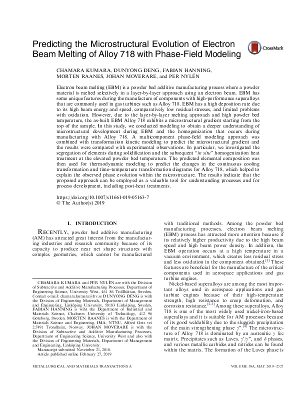 (PDF) Predicting the Microstructural Evolution of Electron Beam Melting of Alloy 718 with Phase ...