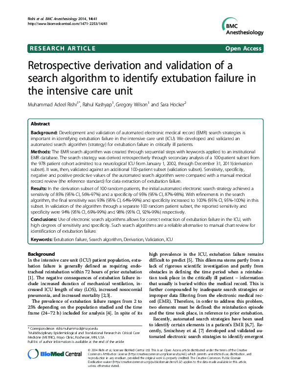 (PDF) Retrospective derivation and validation of a search algorithm to identify extubation ...