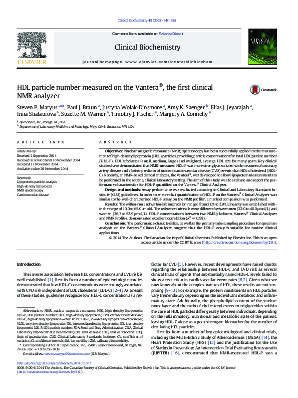 (PDF) HDL particle number measured on the Vantera®, the first clinical NMR analyzer