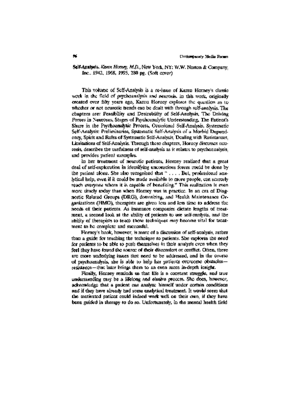 (PDF) Self-Analysis. Karen Horney, M.D., New York, NY: W.W. Norton ...