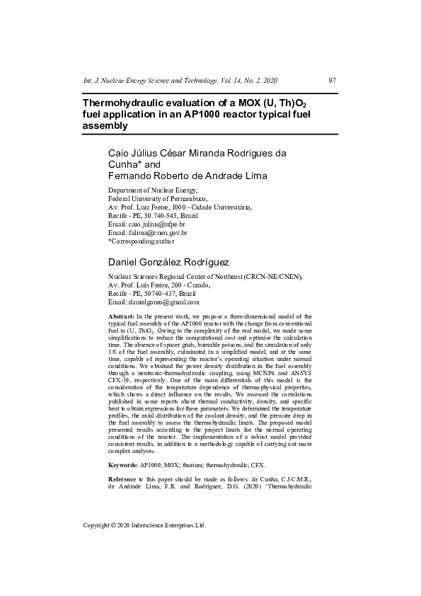 Pdf Thermohydraulic Evaluation Of A Mox U Th O 2 Fuel Application In An Ap1000 Reactor