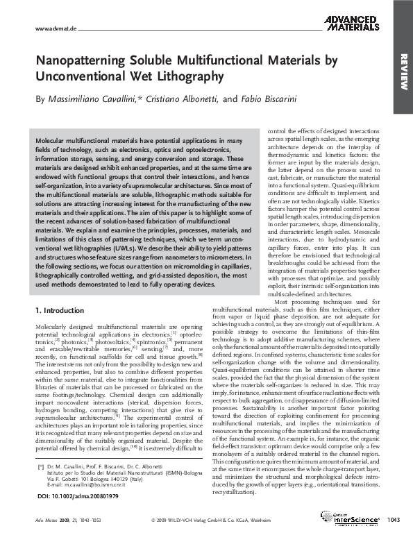 (PDF) Nanopatterning Soluble Multifunctional Materials by Unconventional Wet Lithography
