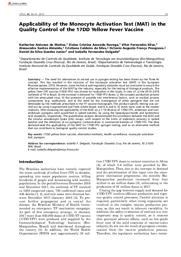 (PDF) Applicability of the Monocyte Activation Test (MAT) in the ...