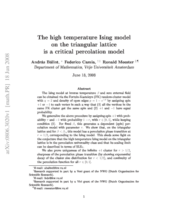 (PDF) The High Temperature Ising Model on the Triangular Lattice is a Critical Bernoulli ...