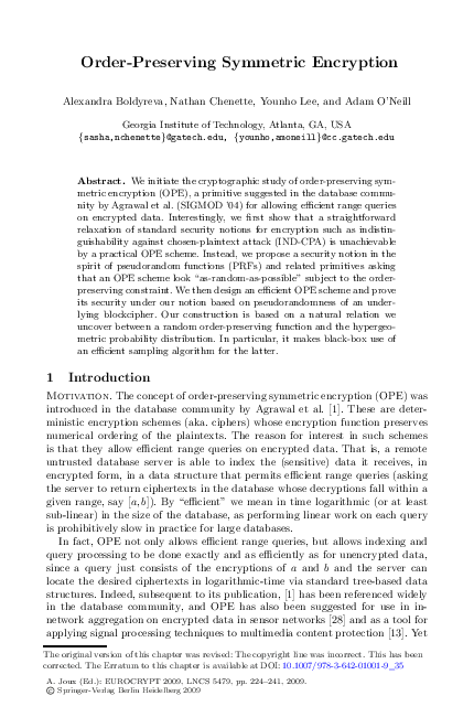 (PDF) Order-preserving symmetric encryption