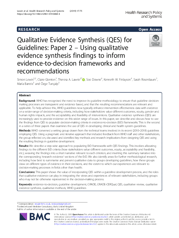 (PDF) Qualitative Evidence Synthesis (QES) for Guidelines: Paper 2 ...