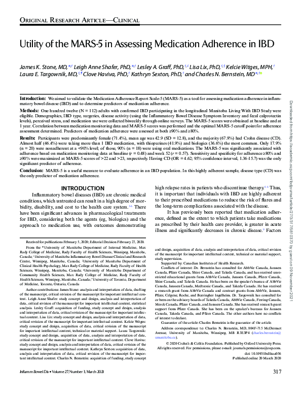 (PDF) Utility of the MARS-5 in Assessing Medication Adherence in IBD
