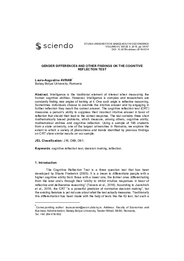 Pdf Gender Differences And Other Findings On The Cognitive Reflection Test