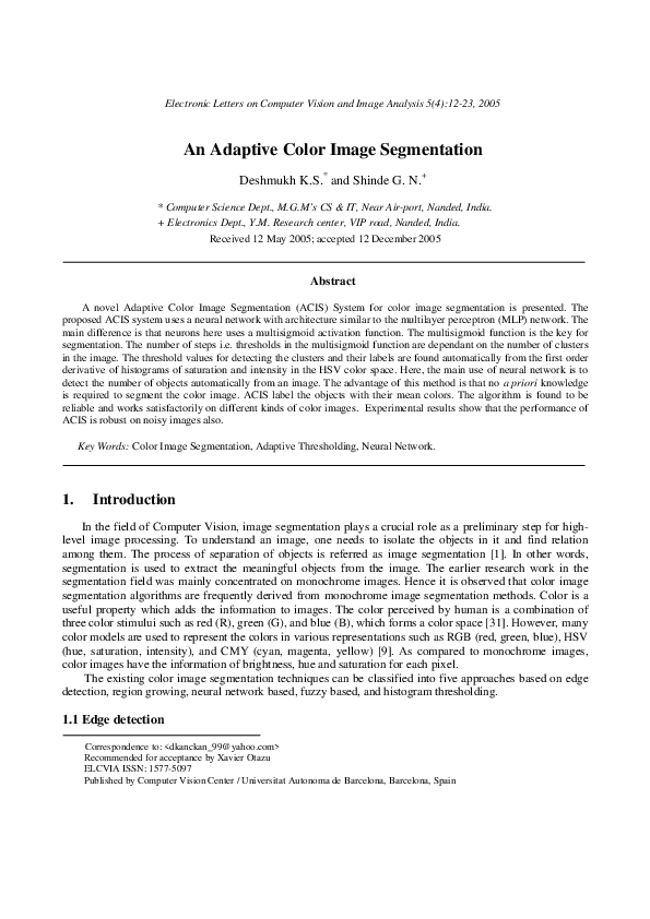 (PDF) An Adaptive Color Image Segmentation