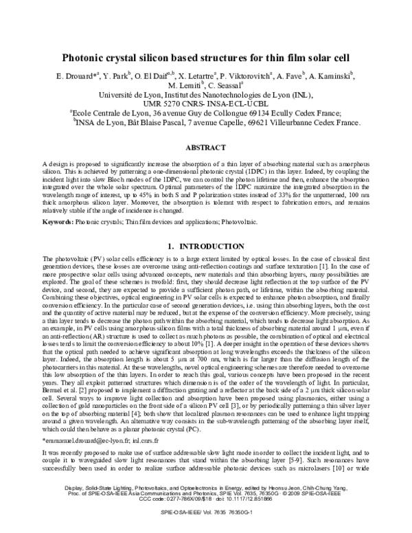 (PDF) Photonic Crystal Silicon Based Structures for Thin Film Solar Cell