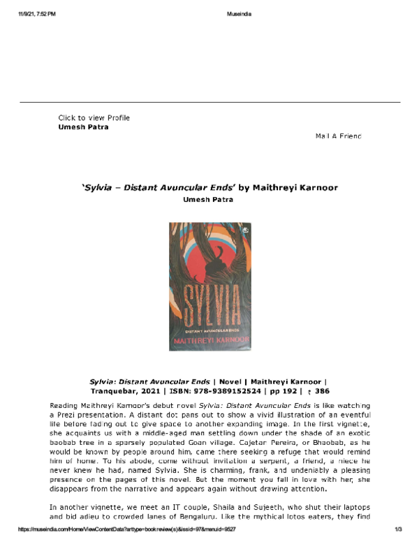 (PDF) Book Review of Sylvia: Distant Avuncular Ends by Maithreyi Karnoor
