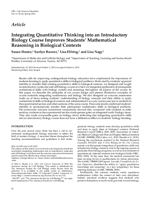 (PDF) Integrating Quantitative Thinking into an Introductory Biology ...