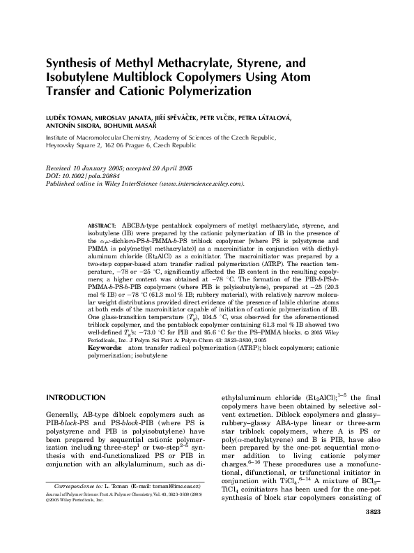 (PDF) Synthesis of methyl methacrylate, styrene, and isobutylene multiblock copolymers using ...