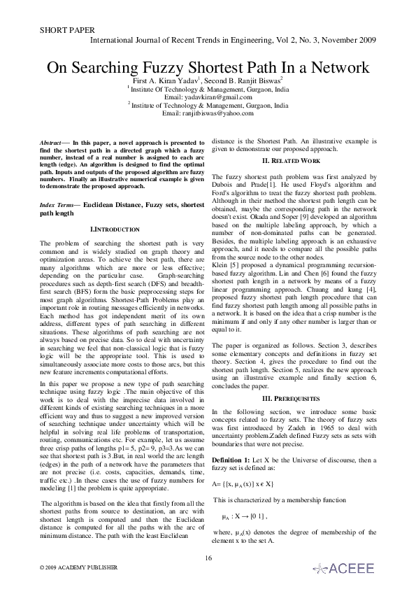 Pdf On Searching Fuzzy Shortest Path In A Network