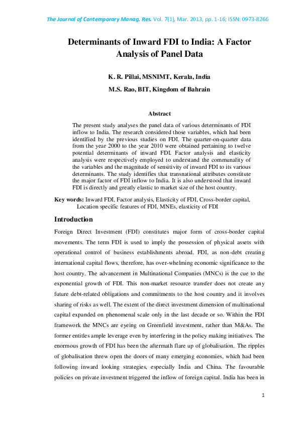 (PDF) Determinants of Inward FDI to India: A Factor Analysis of Panel Data