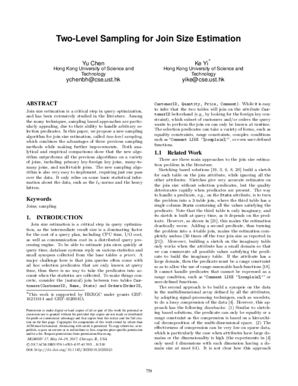 (PDF) Two-Level Sampling for Join Size Estimation