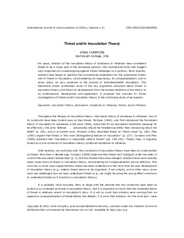 (PDF) Threat and/in inoculation theory