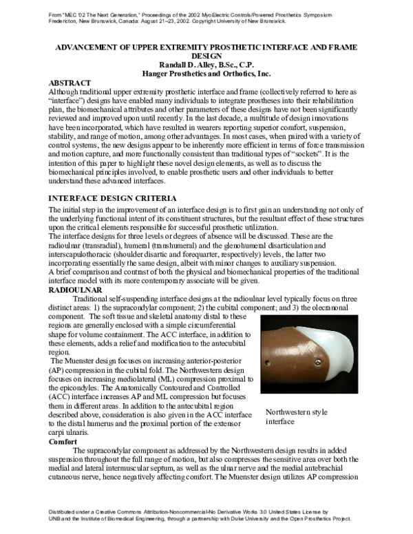(PDF) Advancement of Upper Extremity Prosthetic Interface and Frame Design