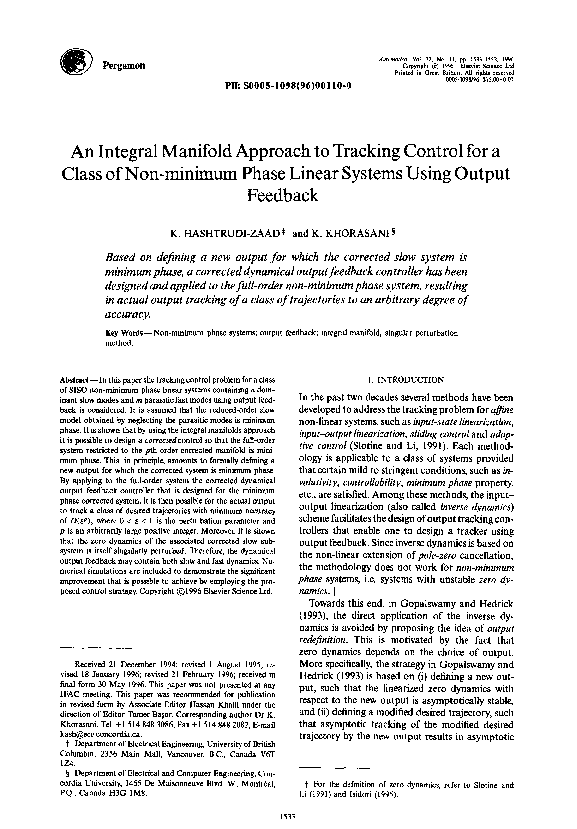 (PDF) An integral manifold approach to tracking control for a class of non-minimum phase linear ...