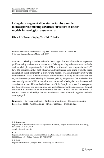 Pdf Using Data Augmentation Via The Gibbs Sampler To Incorporate Missing Covariate Structure