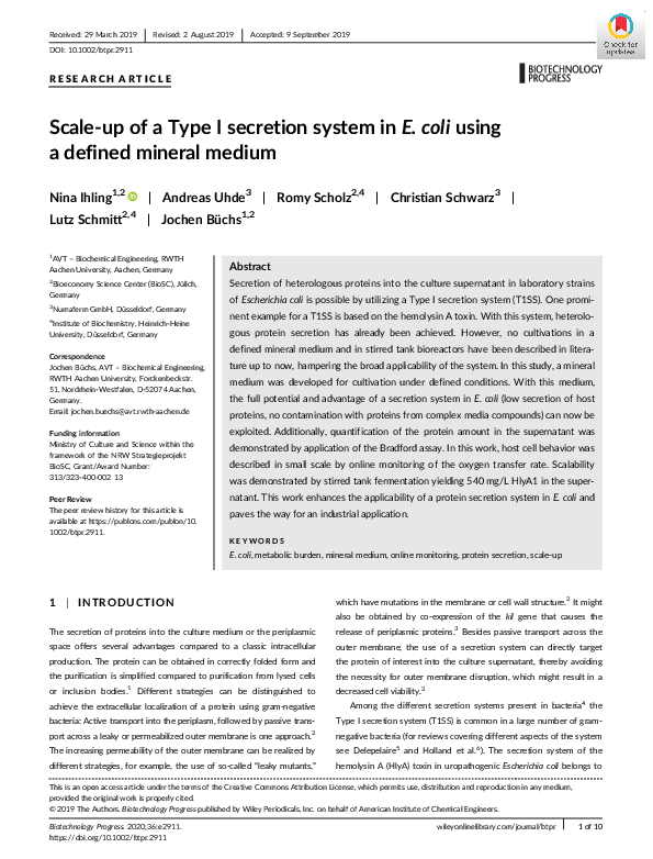 (PDF) Scale‐up of a type I secretion system in E. coli using a defined ...