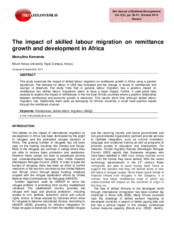 (PDF) The impact of skilled labour migration on remittance growth and development in Africa